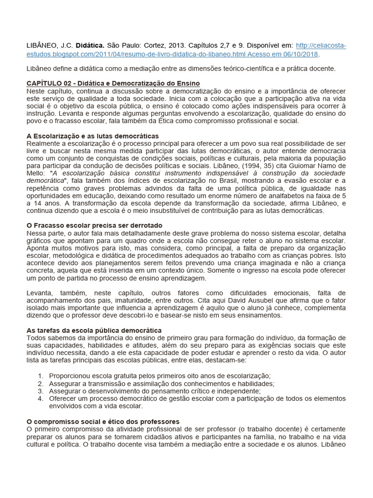 Libaneo - Didática | PDF | Método de ensino | Aprendizado