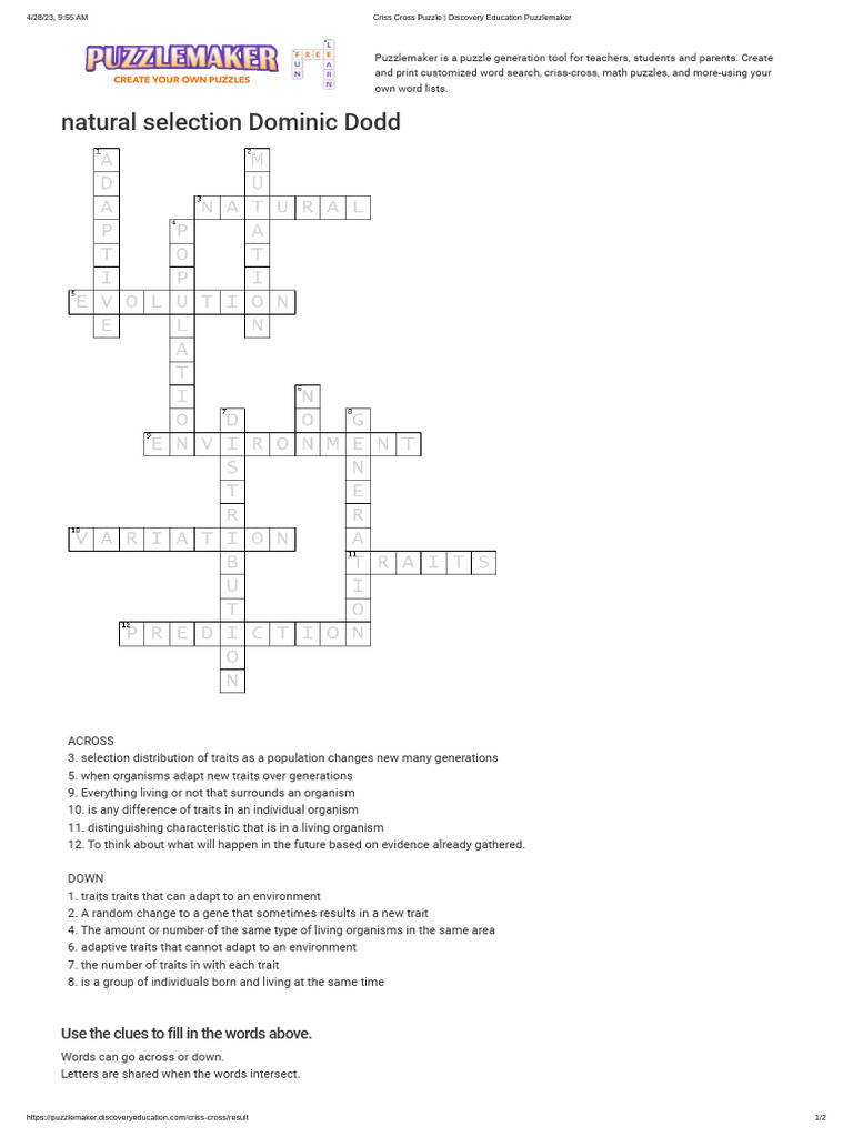 Criss Cross Puzzle - Discovery Education Puzzlemaker | PDF
