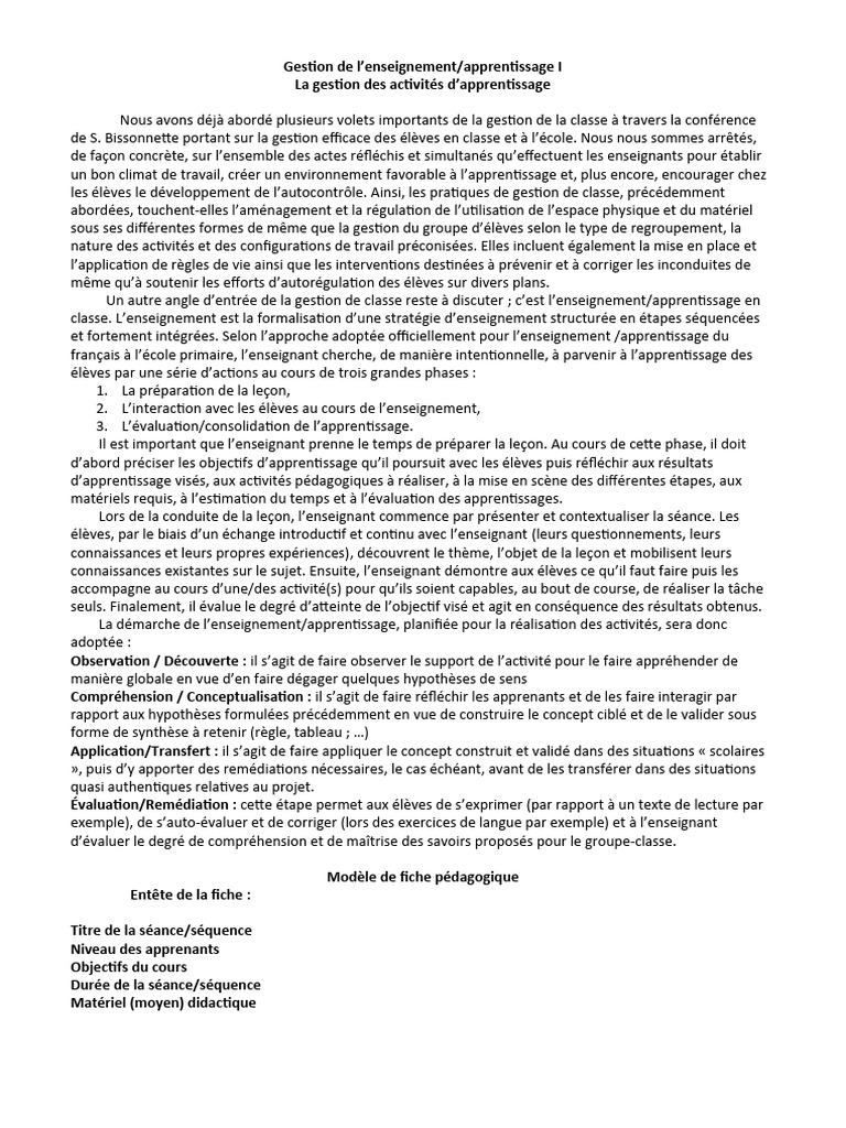 Gestion de Lenseignement Apprentissage I | PDF | Pédagogie | Mémoire