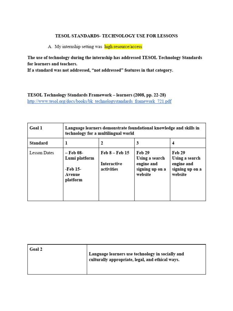 tesol standards- technology use for lessons- mahsa | PDF | English As A ...