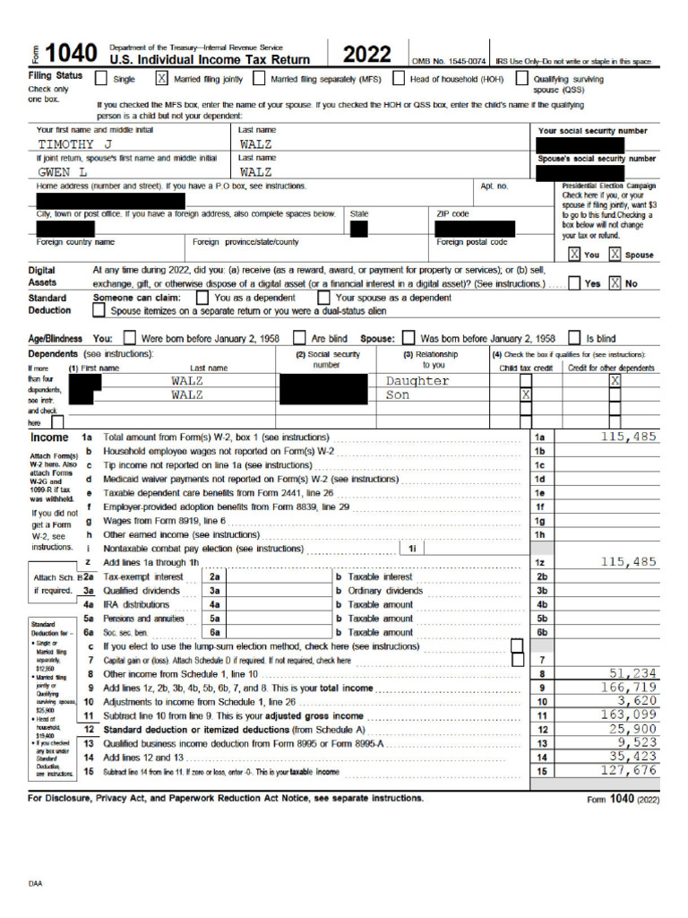 Gov. Walz 2022 Tax Returns_Redacted | PDF | Irs Tax Forms | Social ...