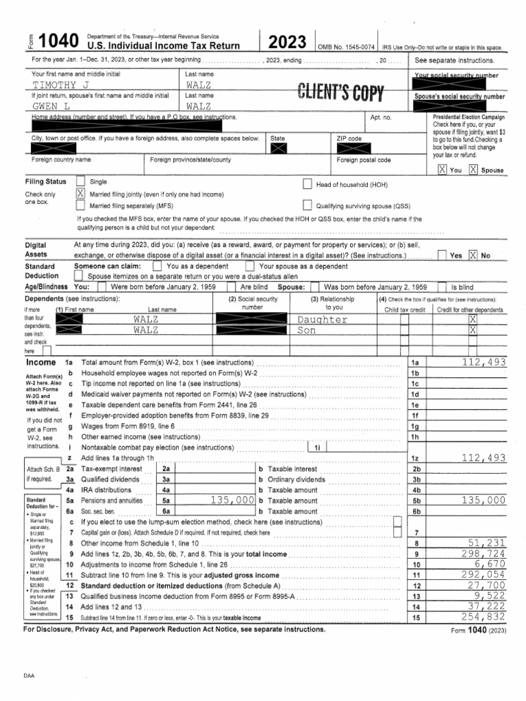 Gov. Walz 2023 Tax Returns - Redacted | PDF