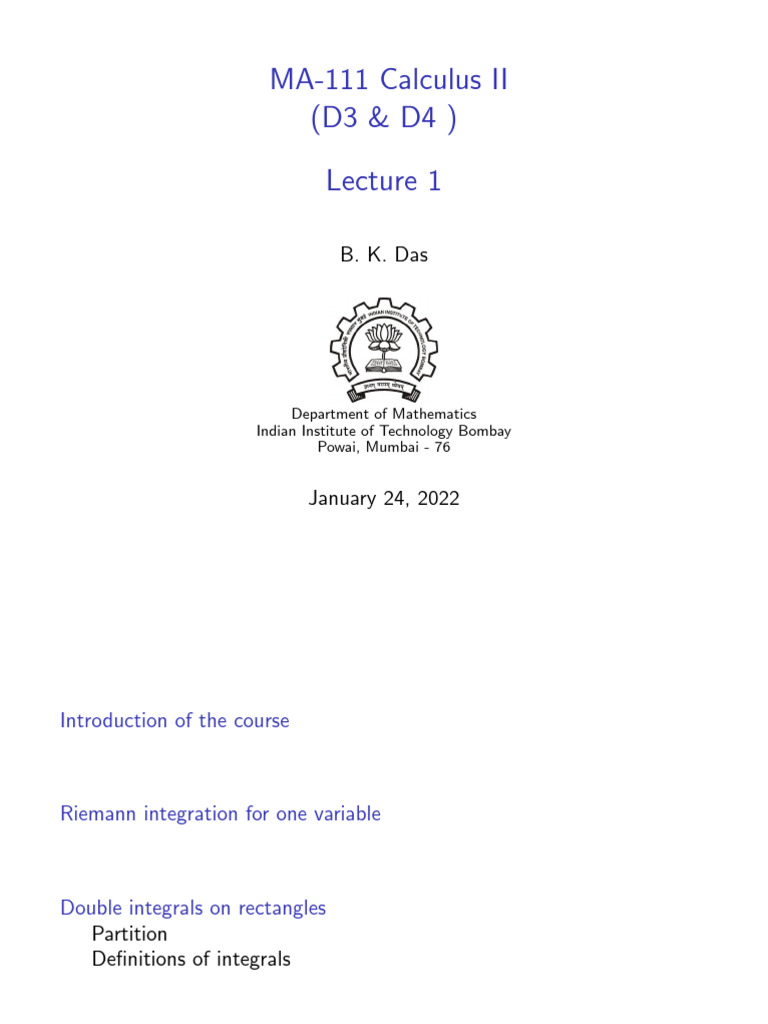 MA111 Lec1 D3D4 | PDF | Integral | Multivariable Calculus