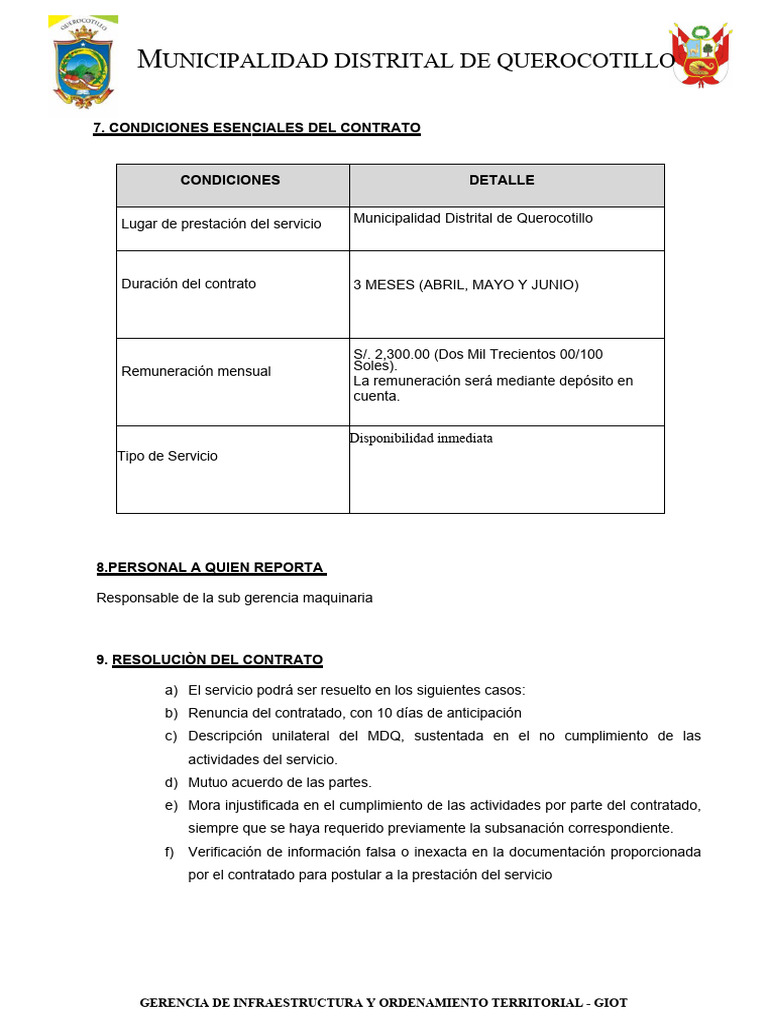 Unicipalidad Distrital de Querocotillo: 7. C O N D Icio N Es Ese N C I ...
