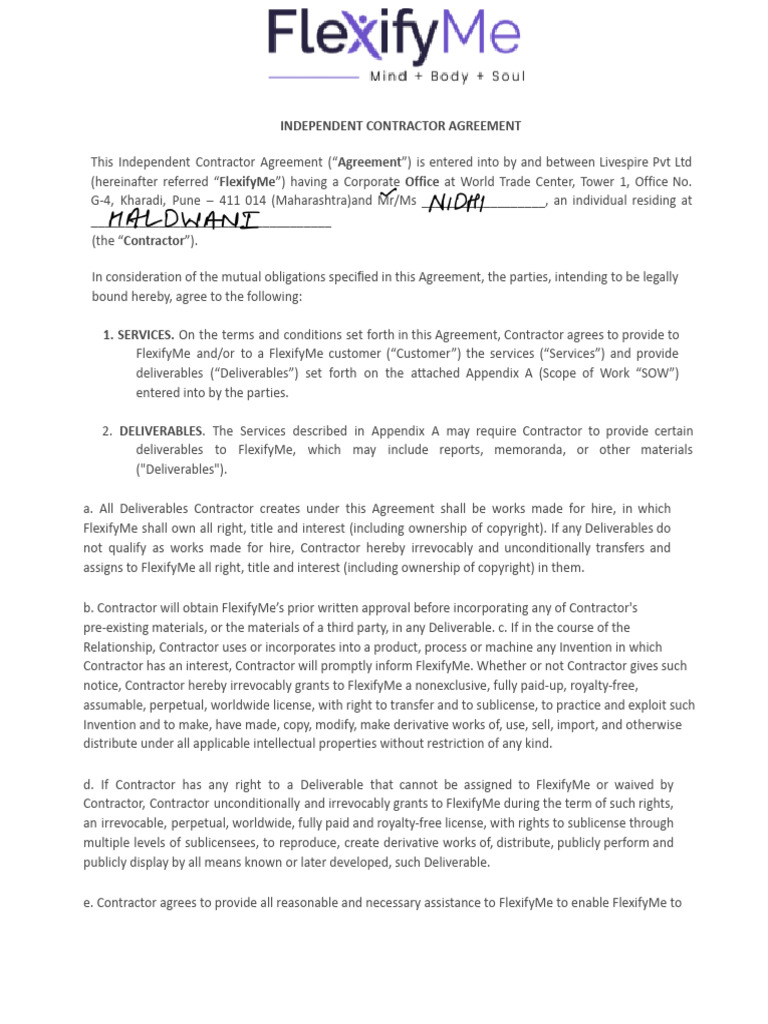 FlexifyMe Contract Agreement - Yoga Instructor 24' .. | PDF | Employment | Indemnity