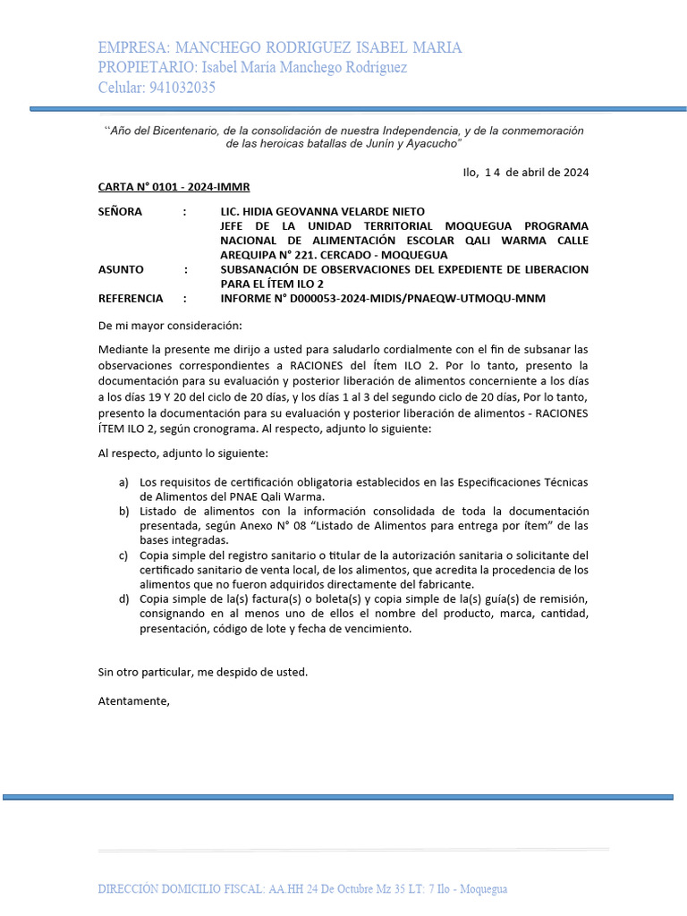 CARTA N 99 EXPEDIENTE LIBERACION ILO 2 | PDF