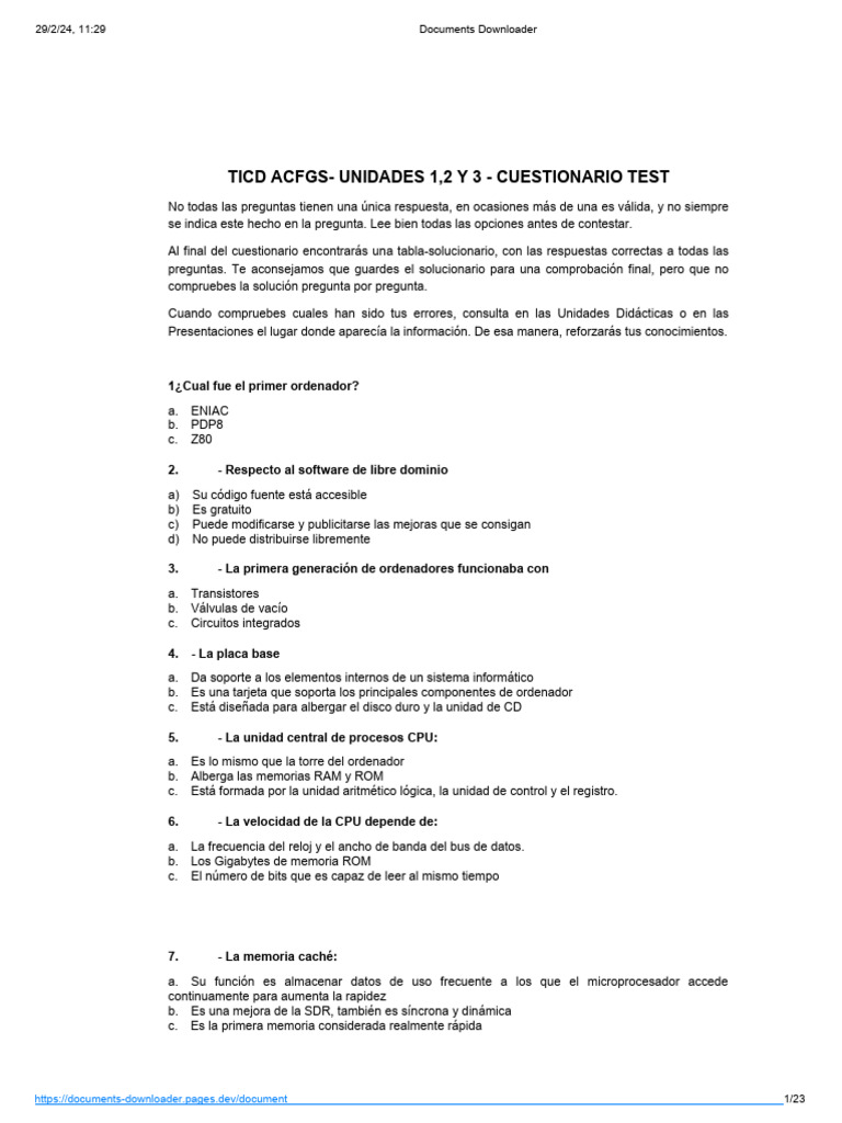 Cuestionario TICD ACFGS: Unidades 1-3 | PDF | Hardware de la ...