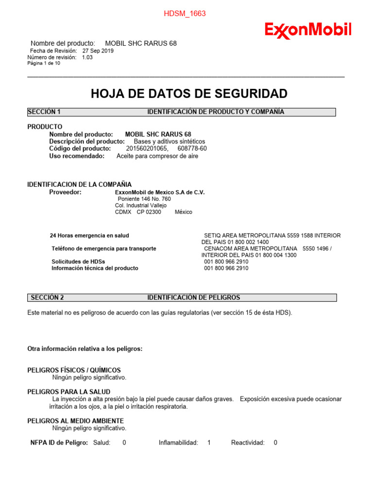 Hoja de Datos de Seguridad: Nombre Del Producto: MOBIL SHC RARUS 68 ...
