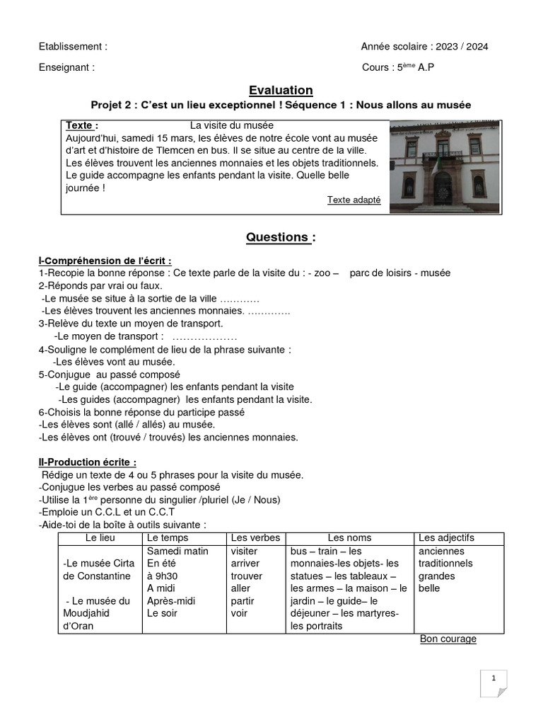 Visite au musée : projet 5AP | PDF | Morphologie linguistique | Langues