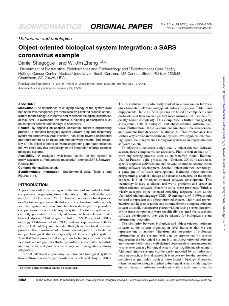 Object-Oriented Biological System Integration A SARS Coronavirus Example | PDF | Virus | Unified ...