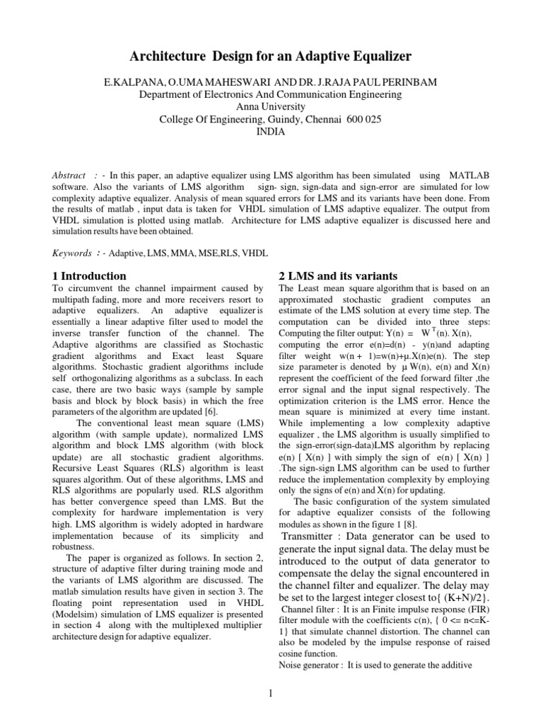 Architecture Design For An Adaptive Equalizer: 2 LMS and Its Variants | PDF | Theoretical ...