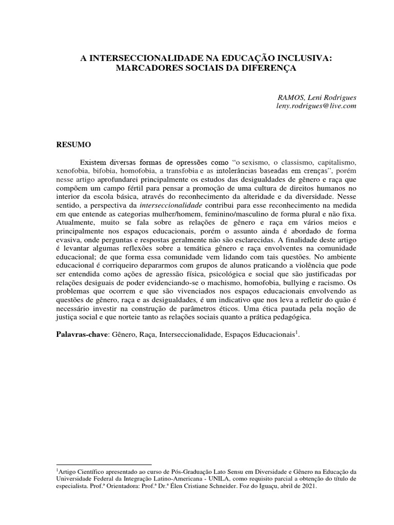 A INTERSECCIONALIDADE NA EDUCAÇÃO INCLUSIVA: MARCADORES SOCIAIS DA ...