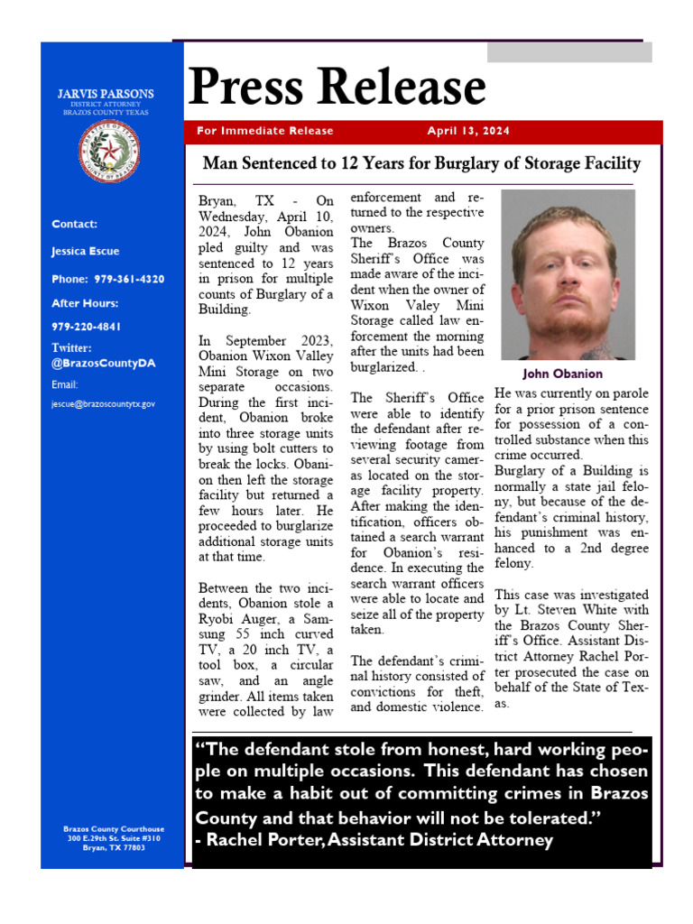 Man Sentenced To 12 Years In Prison For Breaking Into Multiple Storage