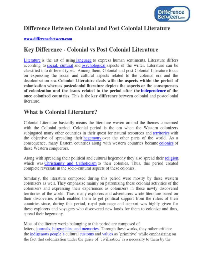 Difference Between Colonial and Post Colonial Literature | PDF ...
