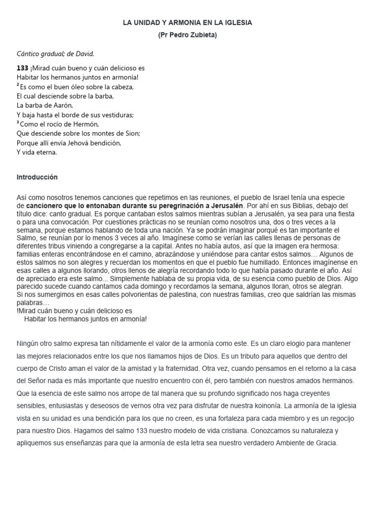 Bosquejo Salmos 133 La Unidad y La Armonia en La Iglesia | Descargar ...