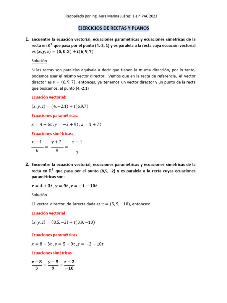 10 Ejerc Rectas y Planos | PDF | Vector Euclidiano | Línea (geometría)