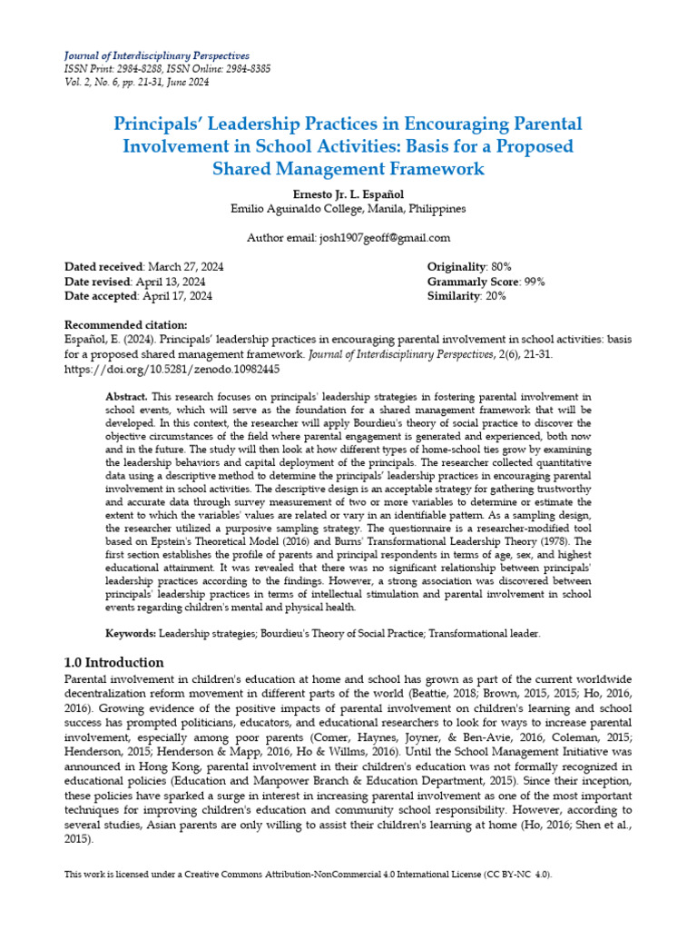 Principals' Leadership Practices in Encouraging Parental Involvement in ...