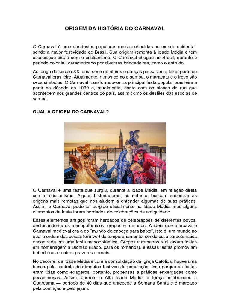 Origem Da História Do Carnaval | Download grátis PDF | Carnaval