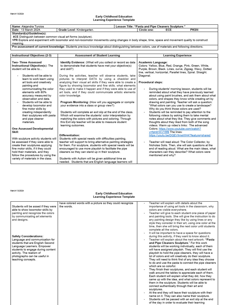Ece Final Lesson Plan Visual Art Alejandra Turcios VF Kindergarten ...
