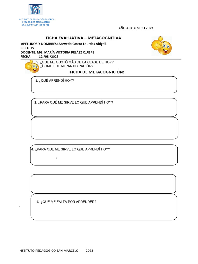 FICHA DE METACOGNICIÓN envío | PDF