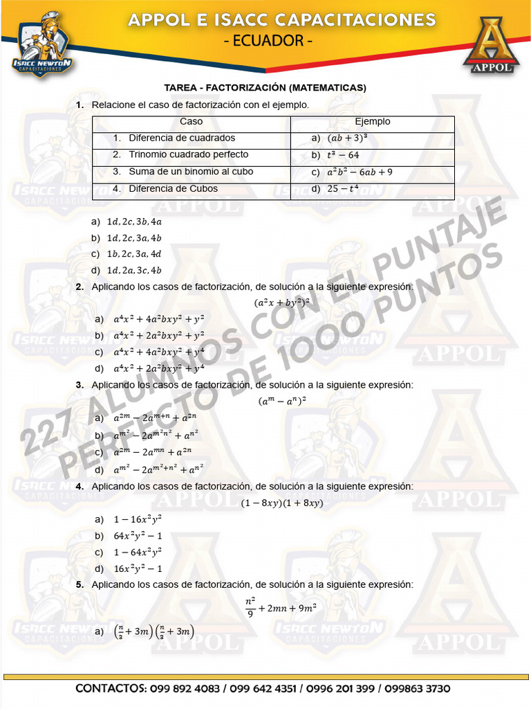 Tarea de Factorización | Descargar gratis PDF | Factorización | Matemática Elemental