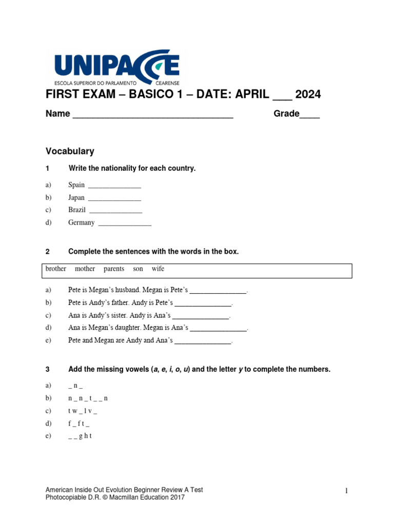 First Exam Basico 1 2024.1 | PDF | Languages | Foreign Language Studies