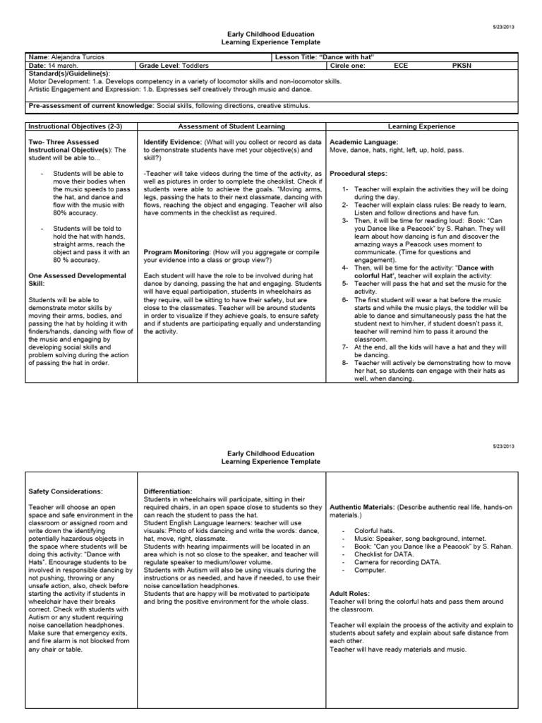 Ece Final Lesson Plan Template Movement and Dance Lesson Plan Alejandra ...