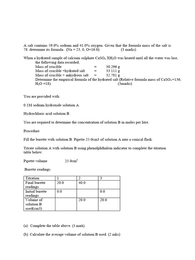 Form 3 mid trm 1 | PDF | Chemistry | Titration