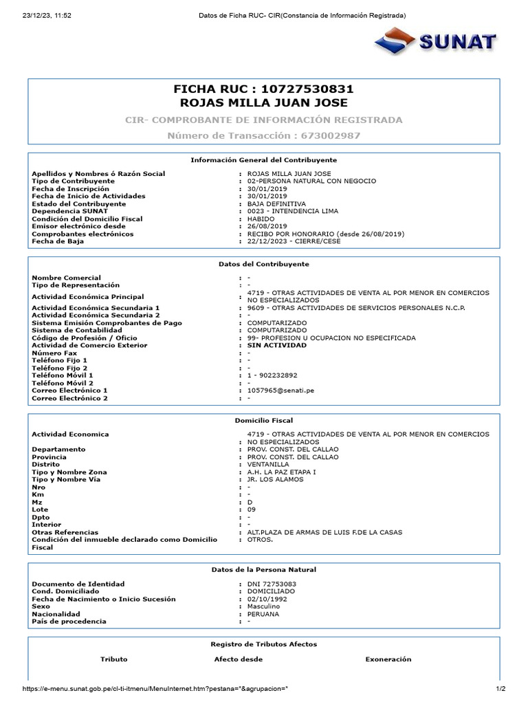 Baja - Ruc - SUNAT - Menú SOL | PDF | Documento de identidad
