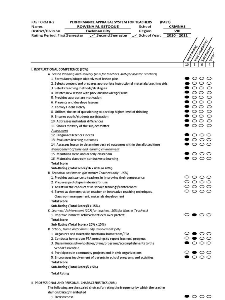 Pas Form B-2: Performance Appraisal System For Teachers (Past ...