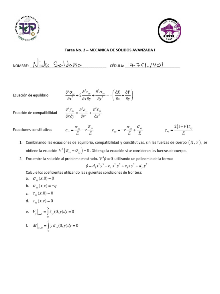 Tarea No. 2 - Mec Sol Av I Corregida | PDF | Resistencia de materiales | Ecuaciones