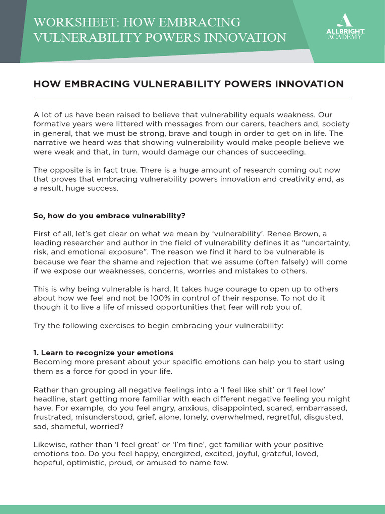 How Embracing Vulnerability Powers Innovation Worksheet | PDF ...