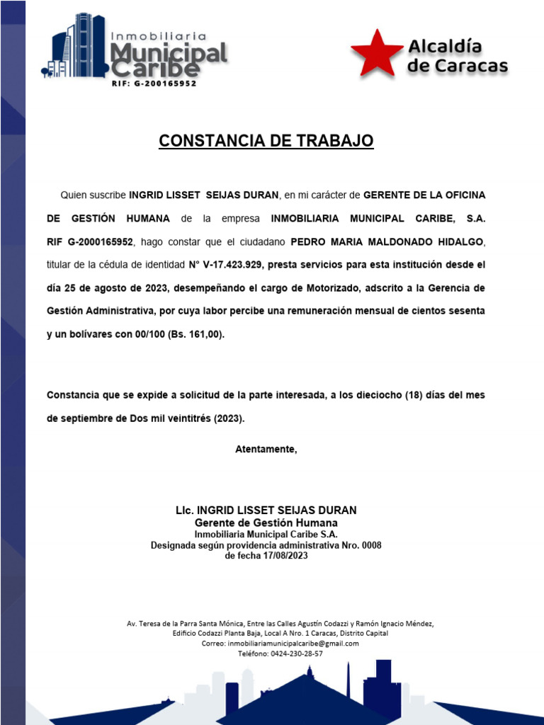 Constancia de Trabajo - Inmobiliaria Caribe | PDF | Derecho