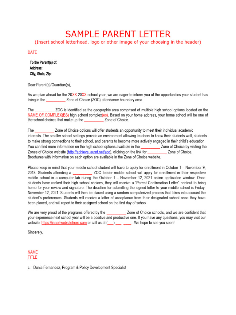 Sample Parent Letter | PDF