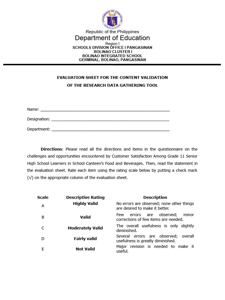 Evaluation Sheet for Research Tool Validation | PDF | Questionnaire ...