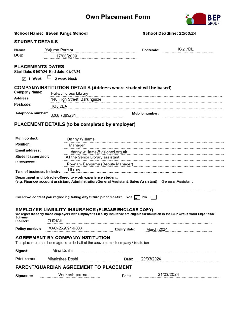 Own Placement Form | PDF | Business Law