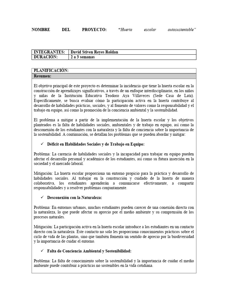 Proyecto de Aula - Huerta Escolar Avance Ii | PDF | Aprendizaje | Sustentabilidad