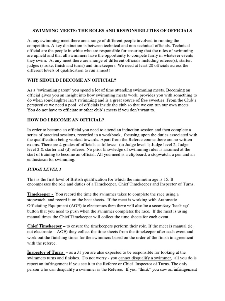 Swim Meet Officials: A Parent's Guide | PDF | Swimming (Sport) | Referee