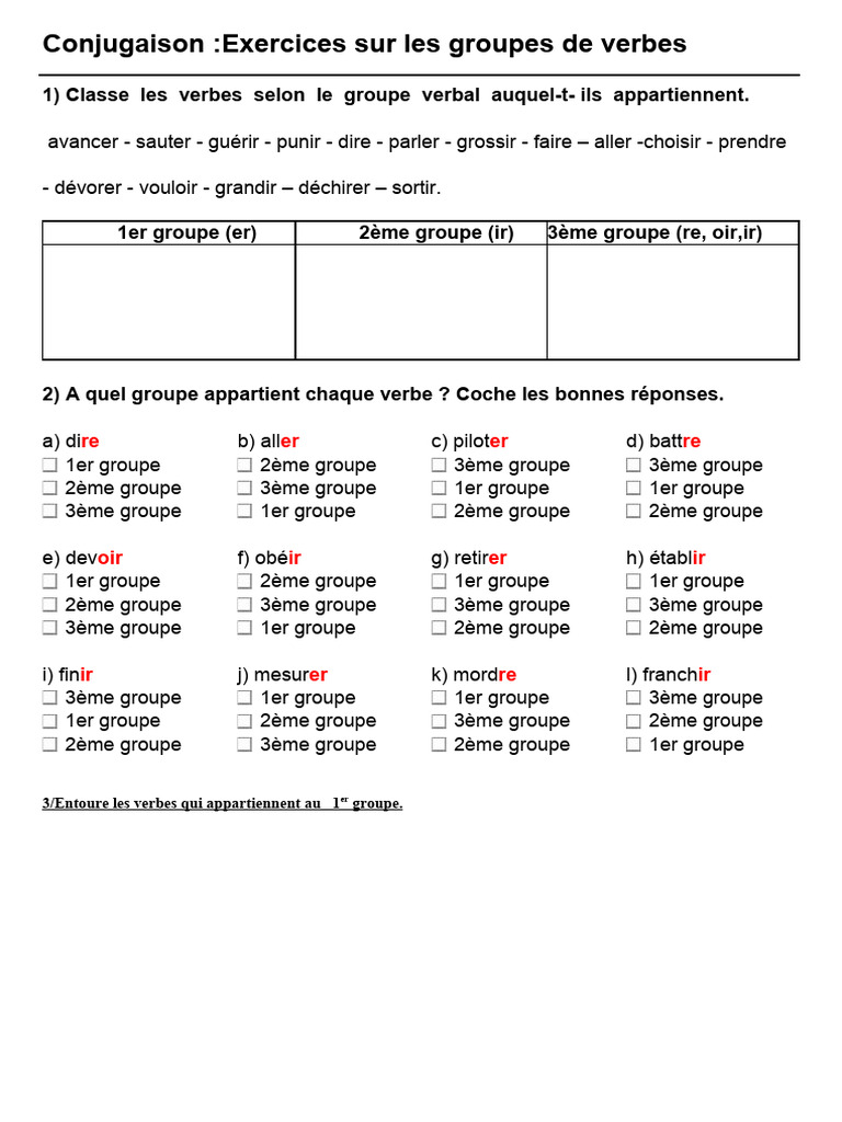 Exercices sur les groupes de verbes | PDF | Verbe | Linguistique