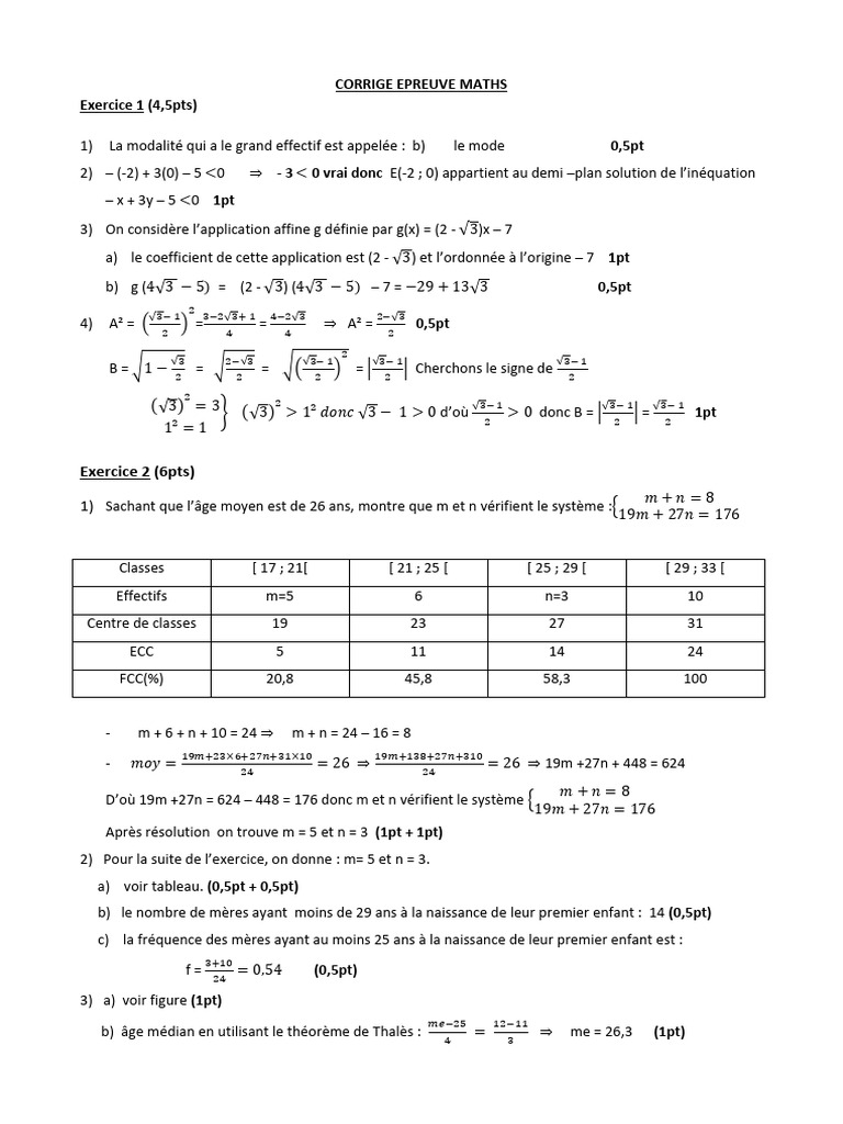 Corrigé Épreuve Maths BFEM 2024 | PDF | Mathématiques élémentaires ...