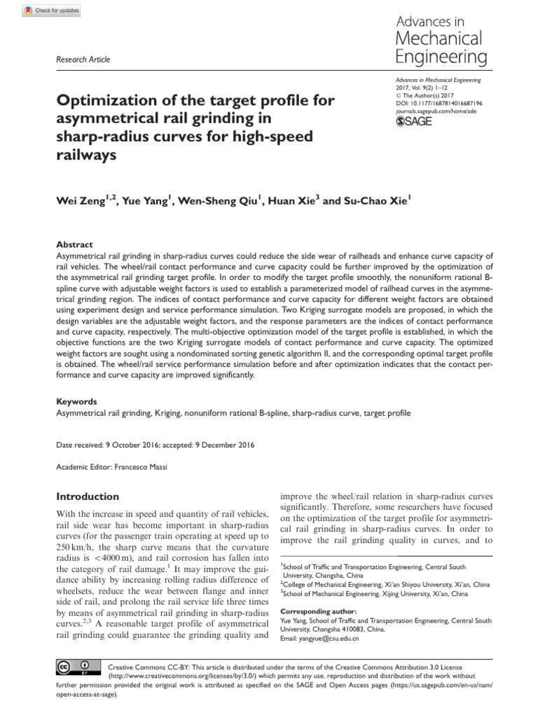 Zeng Et Al 2017 Optimization of The Target Profile For Asymmetrical Rail Grinding in Sharp ...