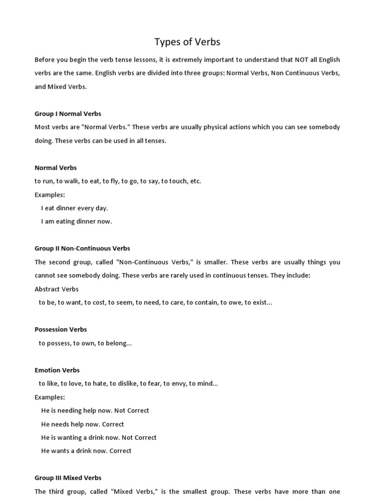 Types of Verbs: Group I Normal Verbs | PDF | Grammatical Tense | Verb
