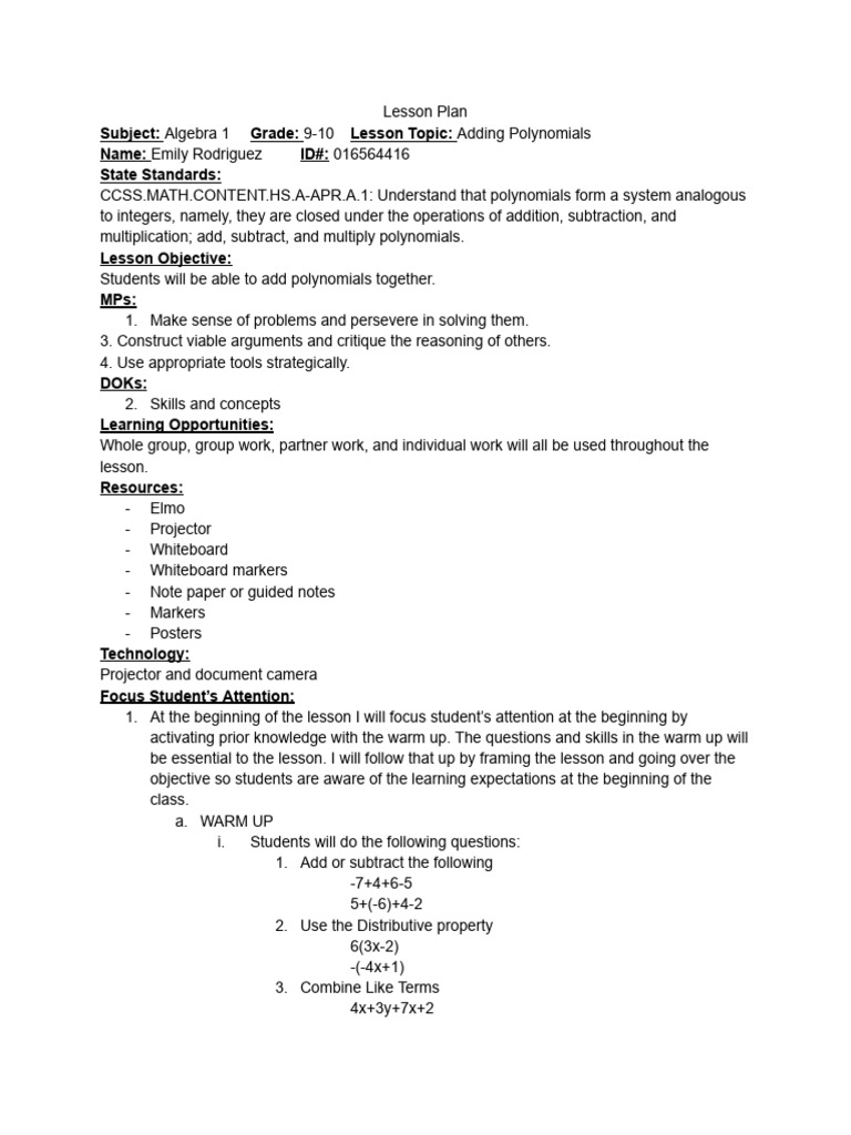 Adding Polynomials Lesson Plan | PDF | Polynomial | Knowledge