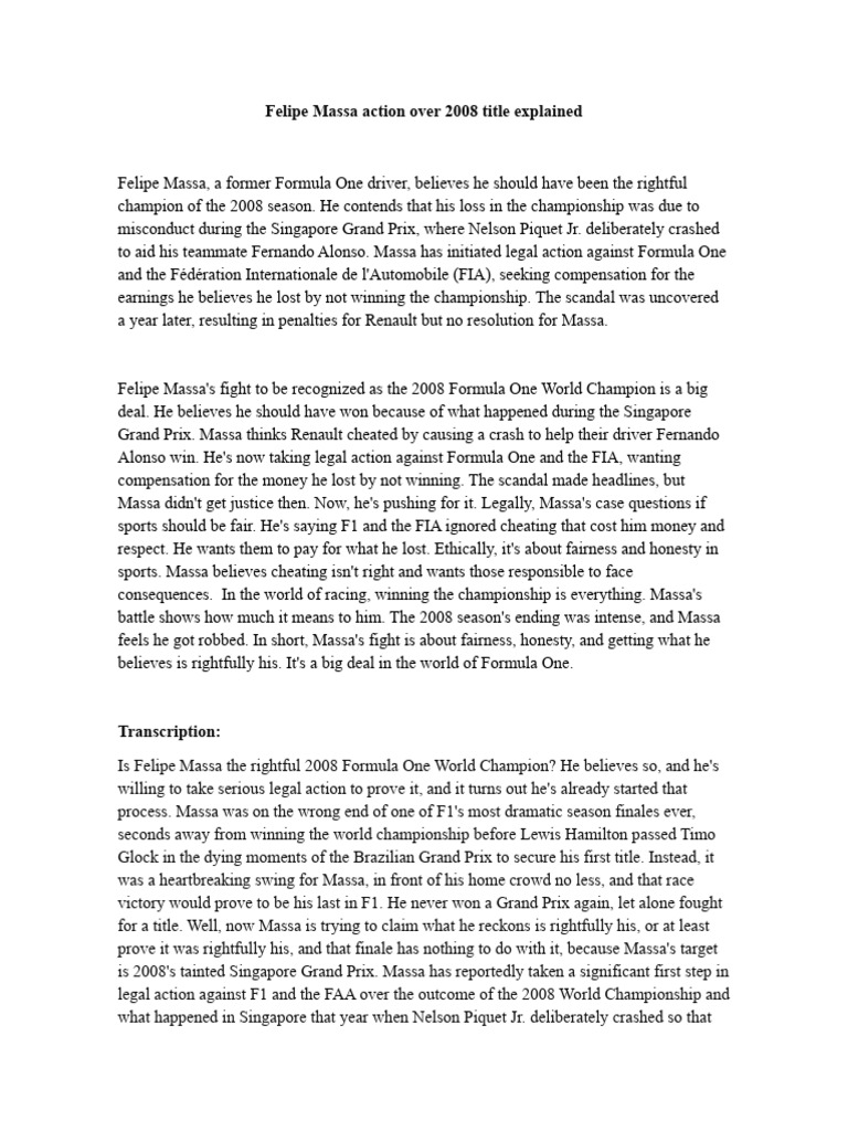 Felipe Massa Action Over 2008 Title Explained | PDF | Formula One ... Felipe Massa Action Over 2008 Title Explained | PDF | Formula One ...