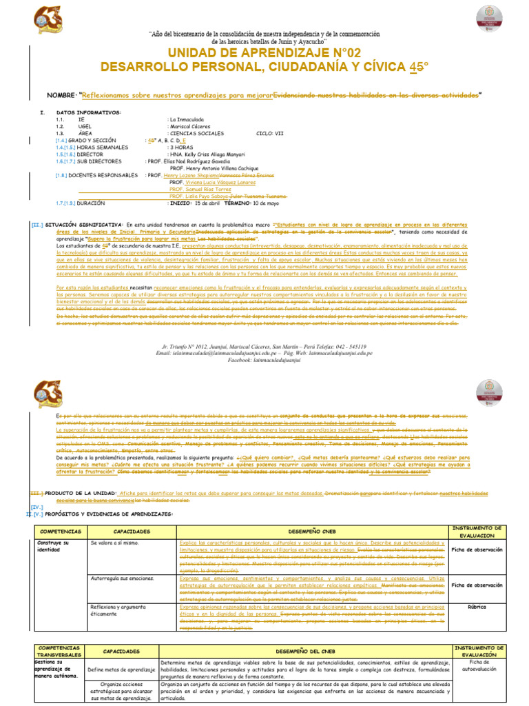 DPCC 4° Unidad de Aprendizaje 02 | Descargar gratis PDF | Evaluación | Las emociones