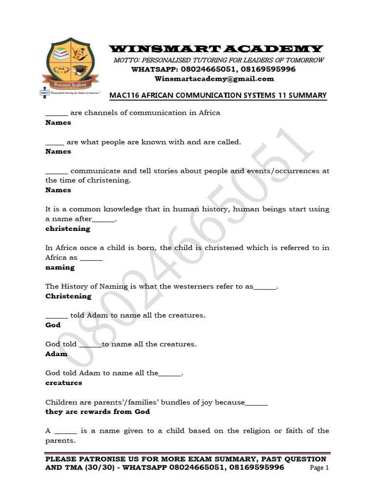 Mac116 JLS103 African Communication Systems 11 Summary 08024665051 ...