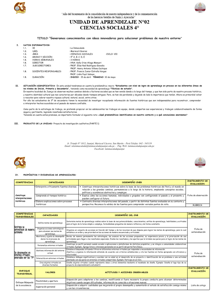 CCSS 4° UNIDAD DE APRENDIZAJE 02 | PDF | Aprendizaje | Evaluación