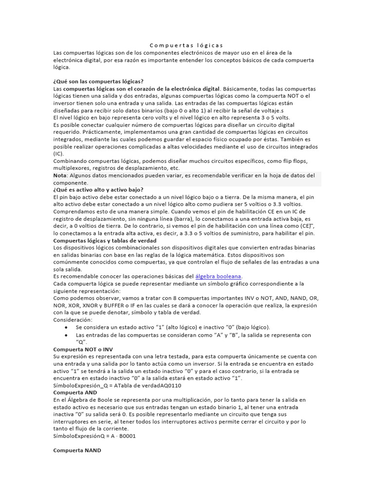 Compuertas Lógicas en Electrónica Digital | PDF | Puerta lógica ...