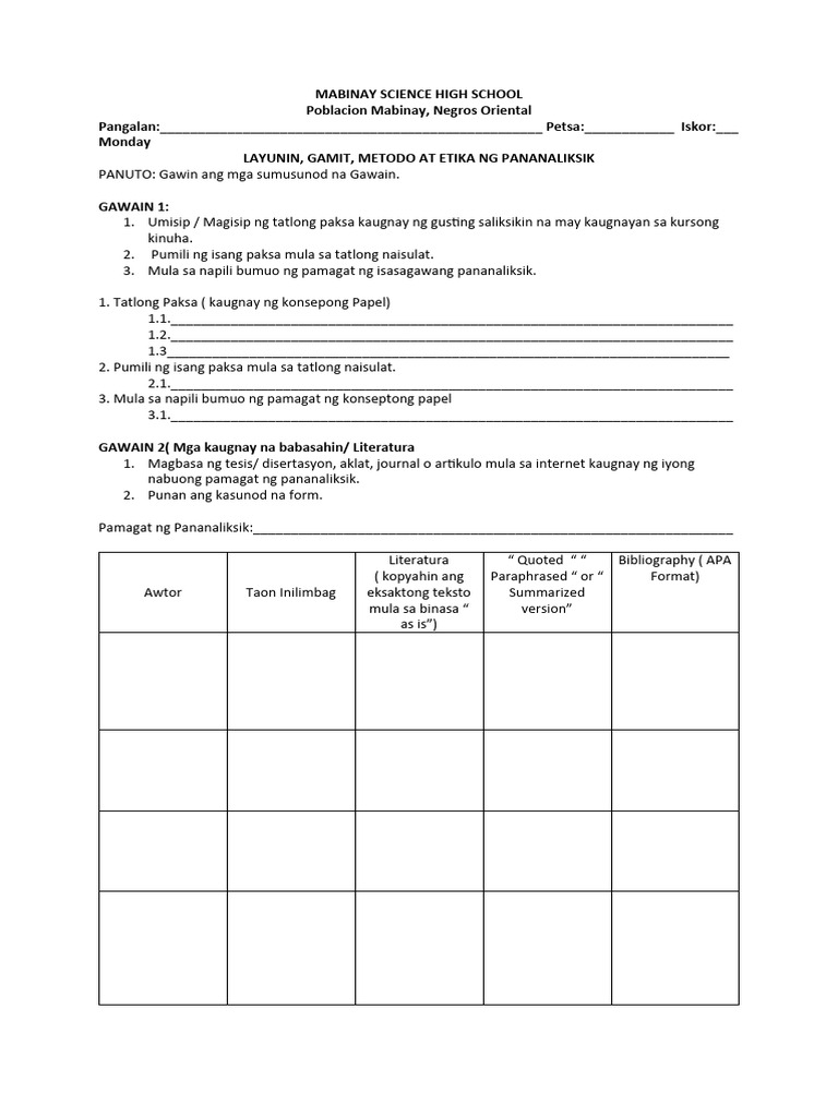Worksheet Sa Pagbasa at Pagsulat | PDF