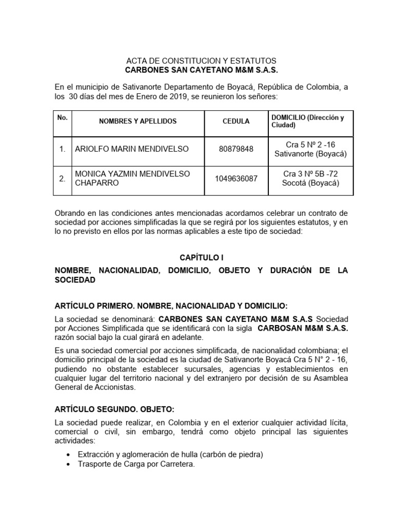 Acta de Constitucion de Una Sas | PDF | Dividendo | Compartir (Finanzas)